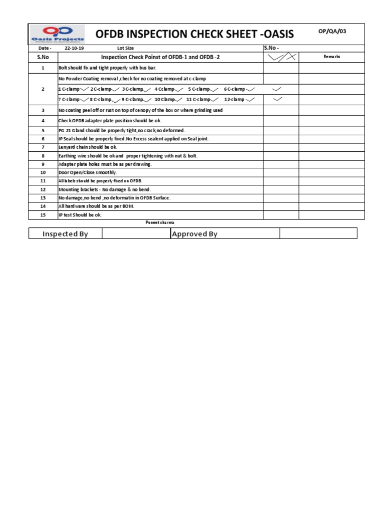 Ofdb Inspection Check Sheet - Oasis: Approved by Inspected by | PDF