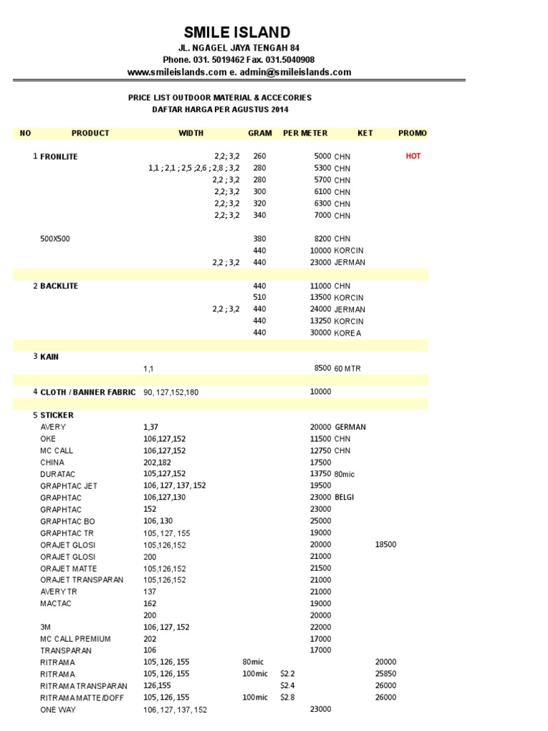 Price List Material | PDF | Equipment | Printing