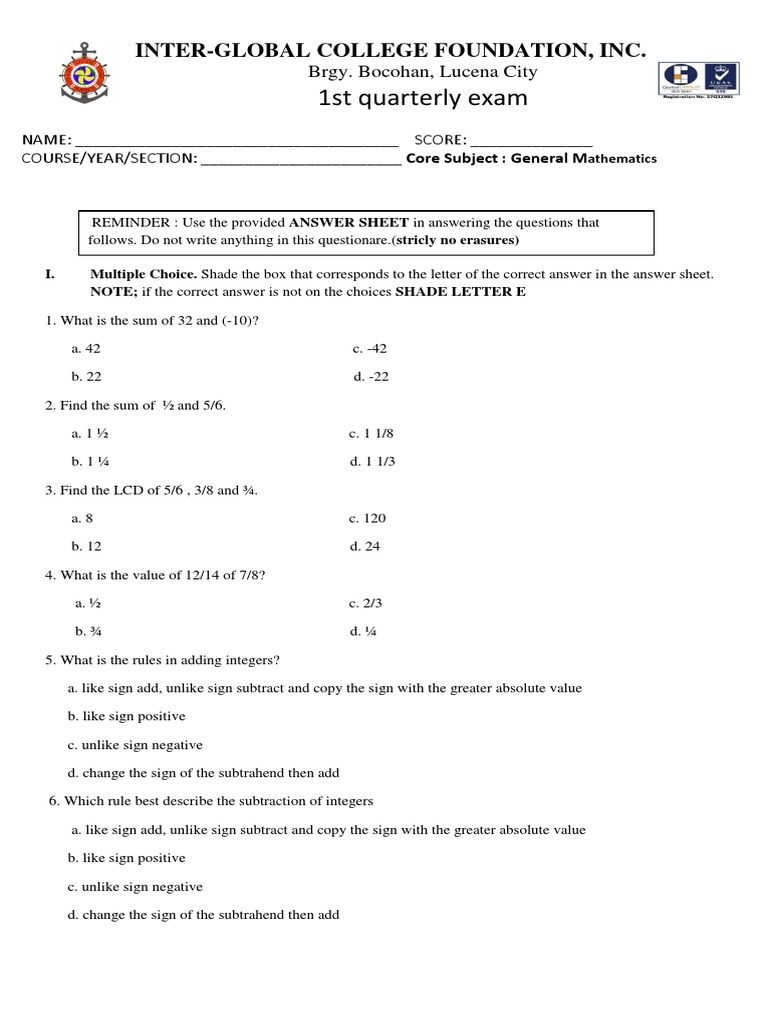 Multiple Choice | PDF | Fraction (Mathematics) | Subtraction