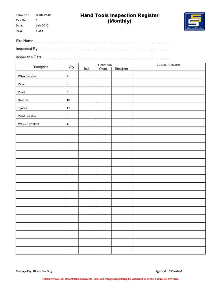 Monthly Hand Tools Inspection Log | PDF