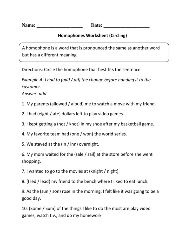 Name: - Date: - Homophones Worksheet (Circling) | PDF