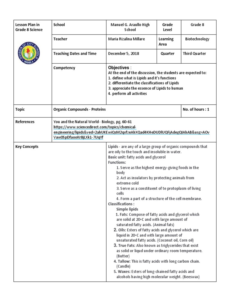 John Karlo Grade 8 Lesson Plan in Lipids | PDF | Lipid | Fat