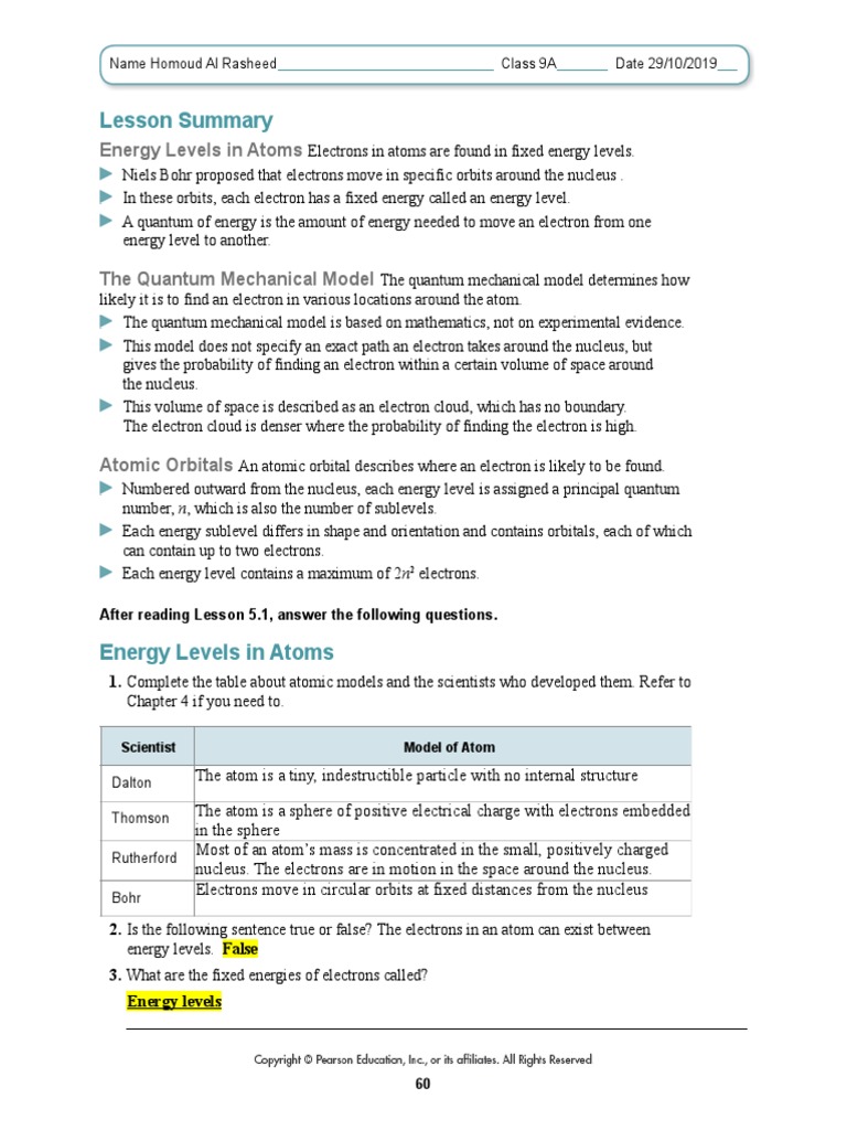 Electrons In Atoms Section 5 1 Models Of The Atom Worksheet Answers