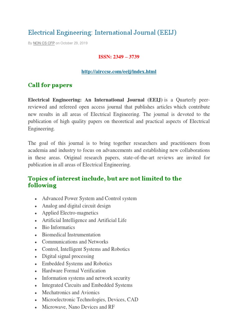Call for Papers: Electrical Engineering Journal | PDF | Electrical ...