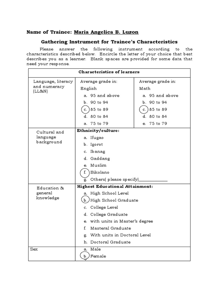 01 Gathering Instrument For Trainee's Characteristics | PDF | Learning ...