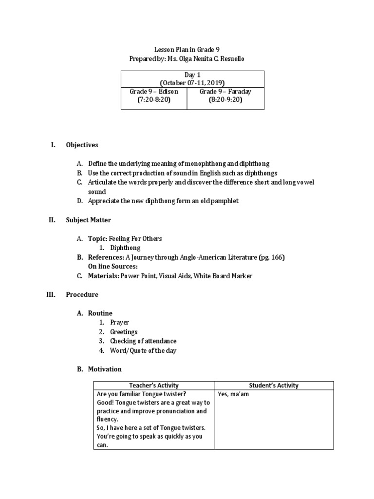 Grade 9 Lesson Plan on Diphthongs | PDF | Vowel | Rubric (Academic)