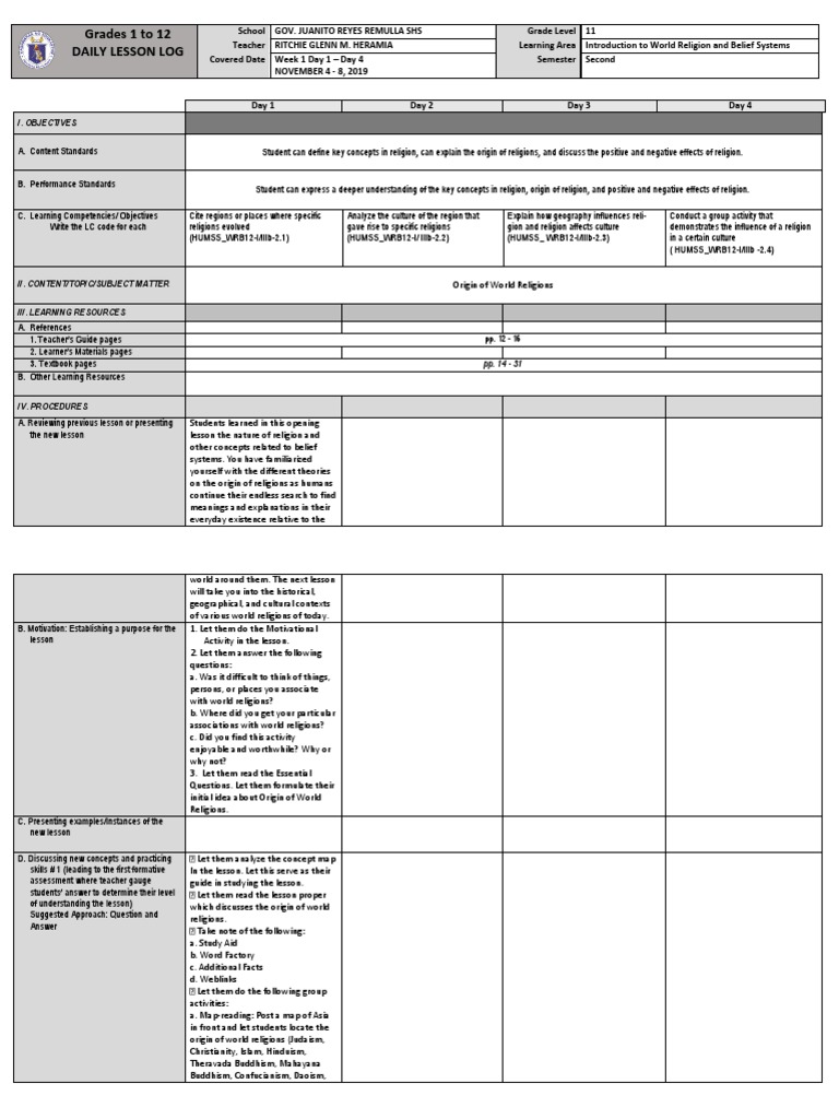 Grades 1 To 12 Daily Lesson Log: I. Objectives | PDF | Asia | Learning