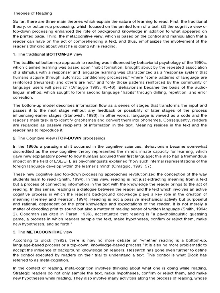 Theories of Reading | PDF | Phonics | Top Down And Bottom Up Design