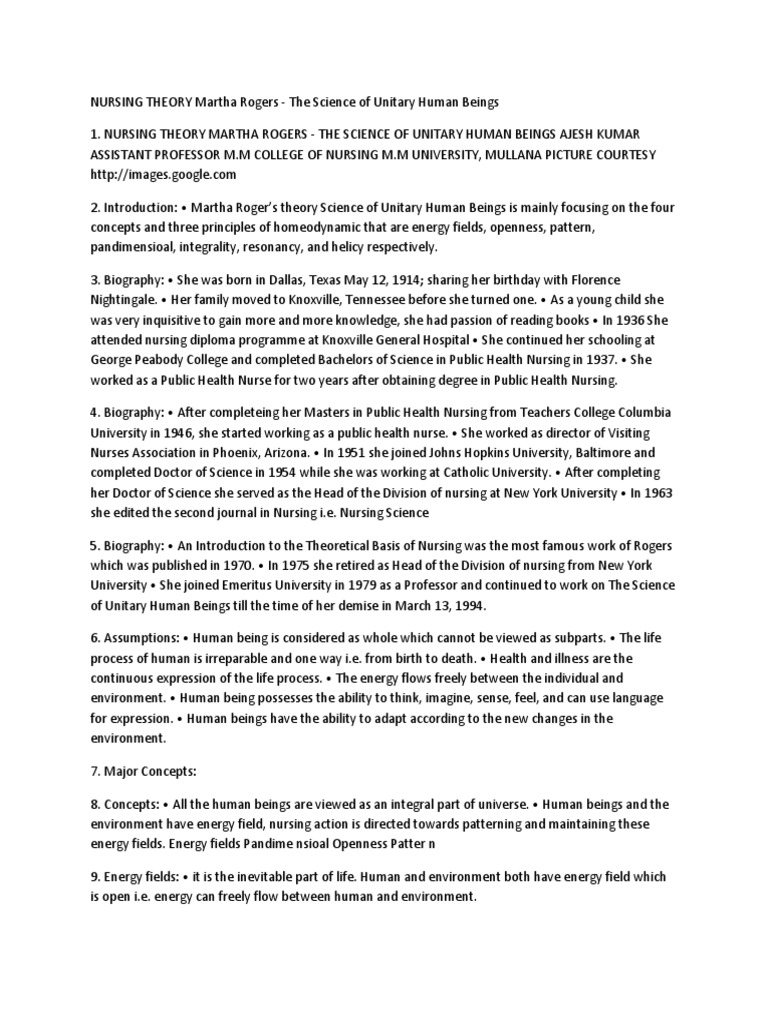 Martha Rogers' Unitary Human Theory | PDF | Theory | Nursing