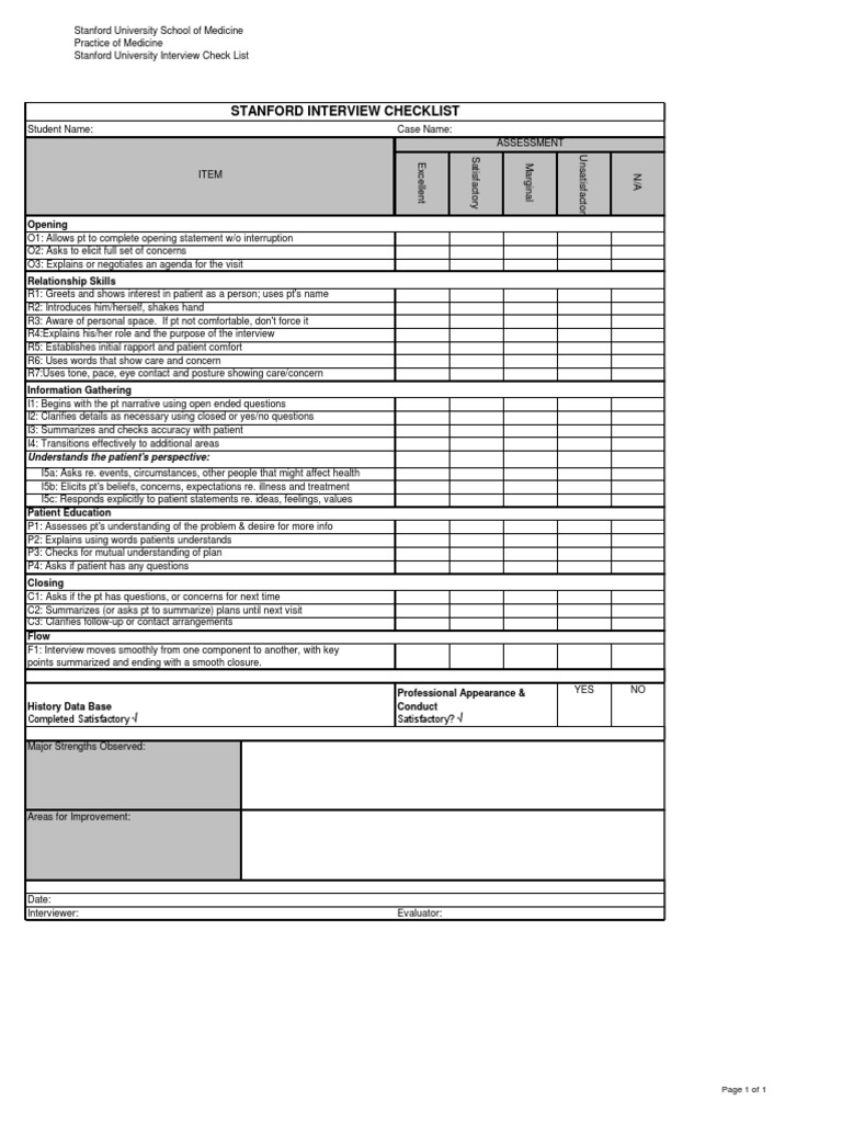 Stanford Interview Checklist | PDF | Behavioural Sciences | Health Care