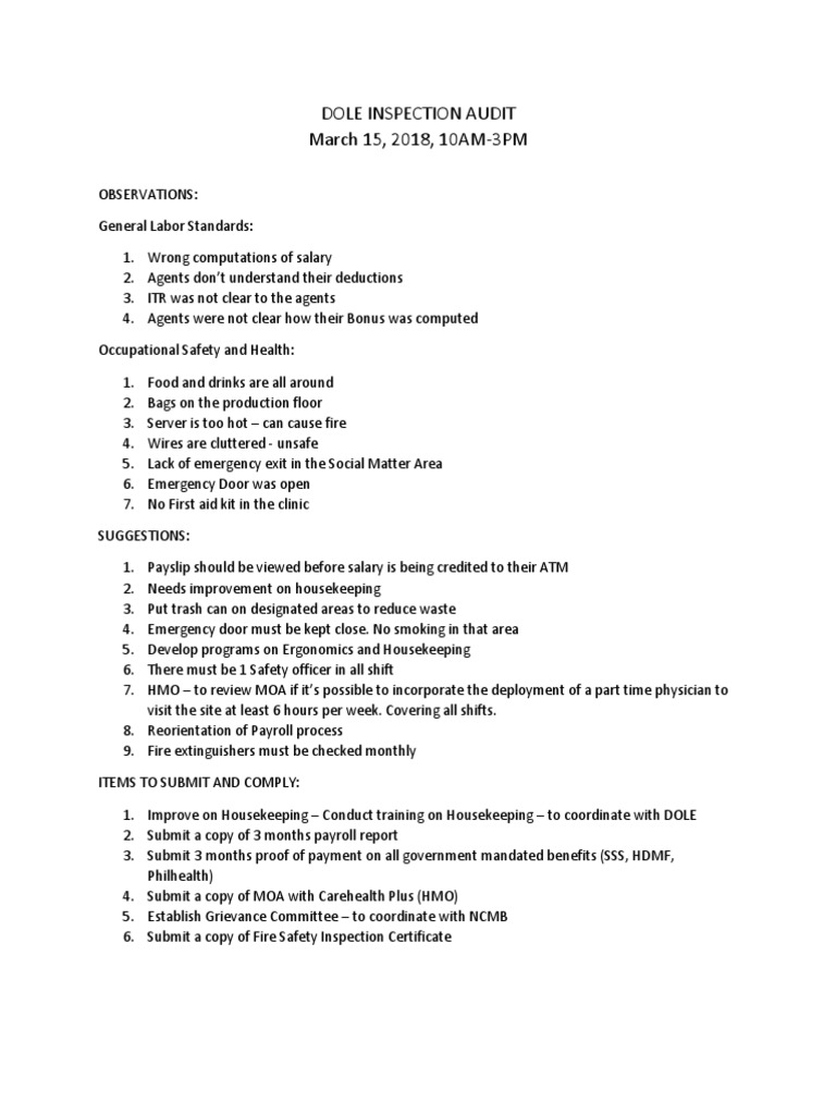 Dole Inspection Audit Report | PDF