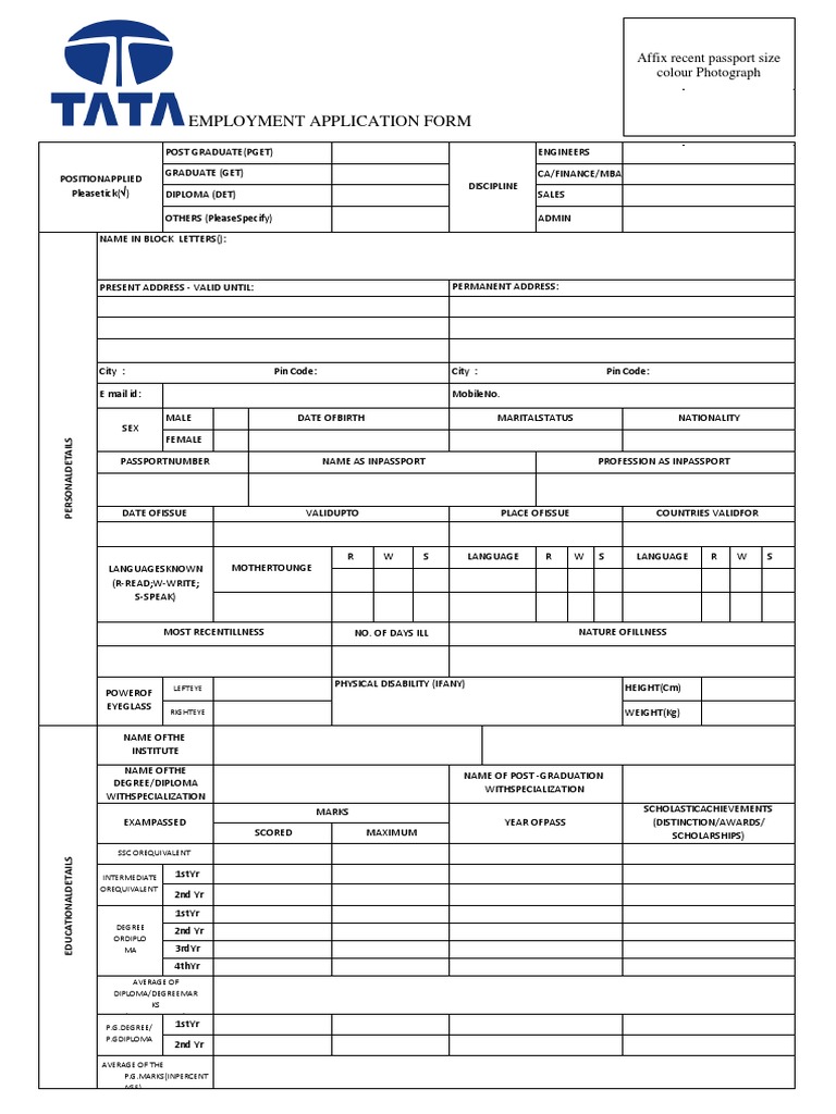 Employment Application Form: Affix Recent Passport Size Colour ...