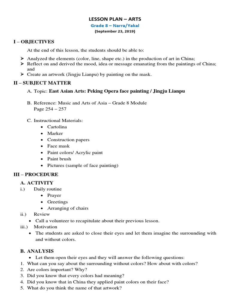 Lesson Plan - Arts: I - Objectives | PDF | Paintings | Learning