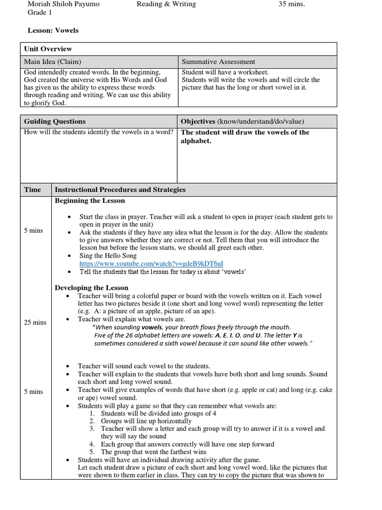 Lesson Plan 1 Vowels Complete | PDF | Cognitive Science | Educational ...