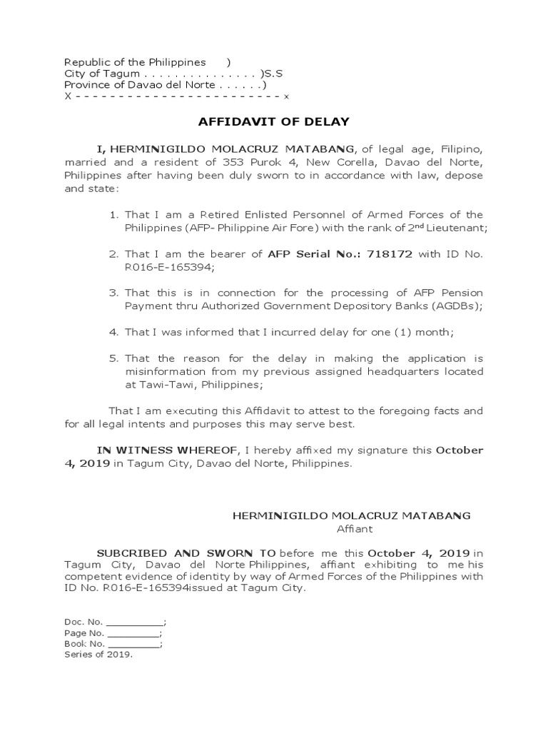 Affidavit of Delay for AFP Pension | PDF
