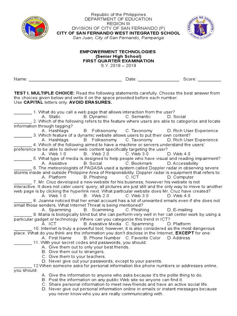 Empowerment Technology 1st Quarter Exam | PDF | Websites | World Wide Web