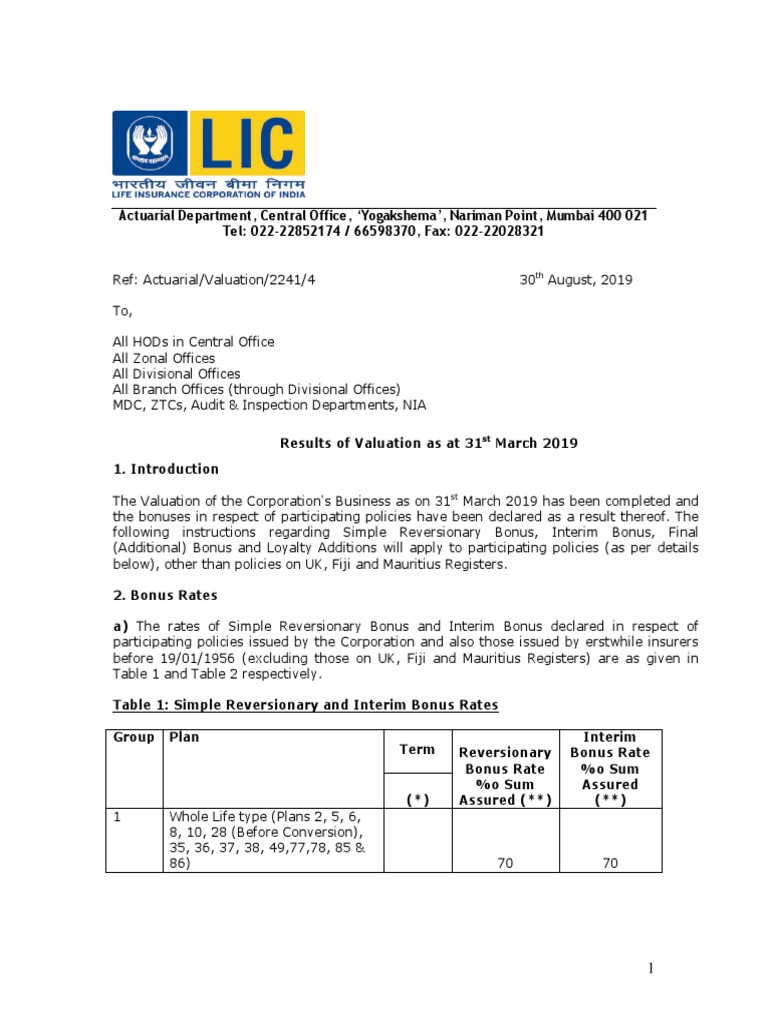 LIC Bonus Rates and FAB Details 2019 | PDF | Life Insurance | Annuity ...