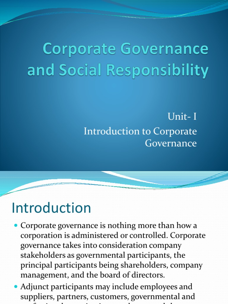 Unit-I Introduction To Corporate Governance | PDF | Corporate ...