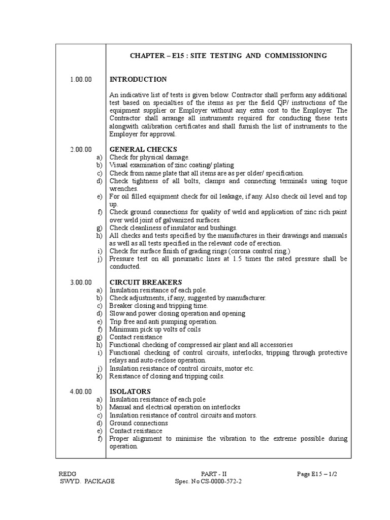 Chapter - E15: Site Testing and Commissioning | PDF | Insulator ...
