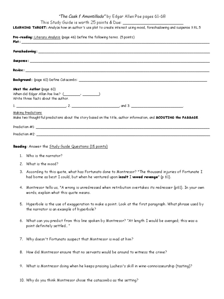 Cask of Amontillado Study Guide 19 | PDF
