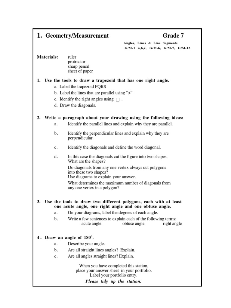 Geometry/Measurement Grade 7: Angles, Lines & Line Segments G/M-1 A, B ...
