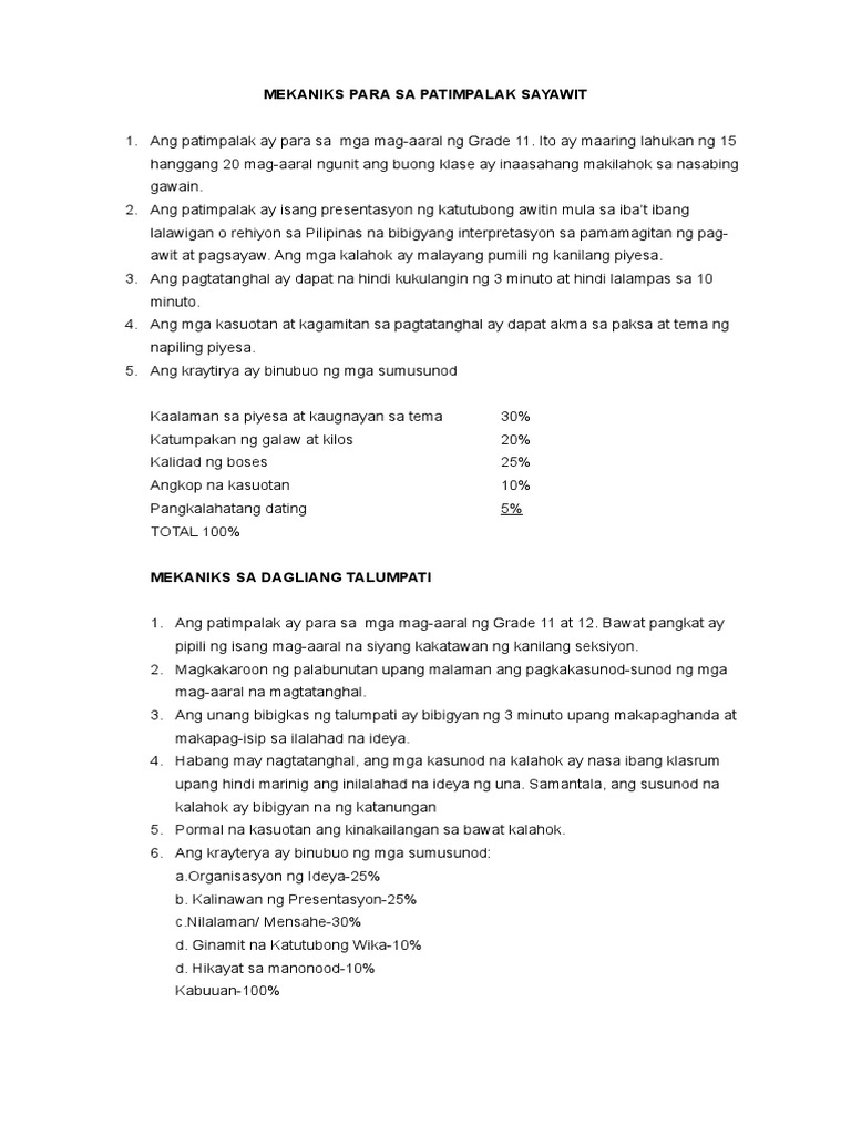 Mekaniks para Sa Patimpalak Sayawit | PDF