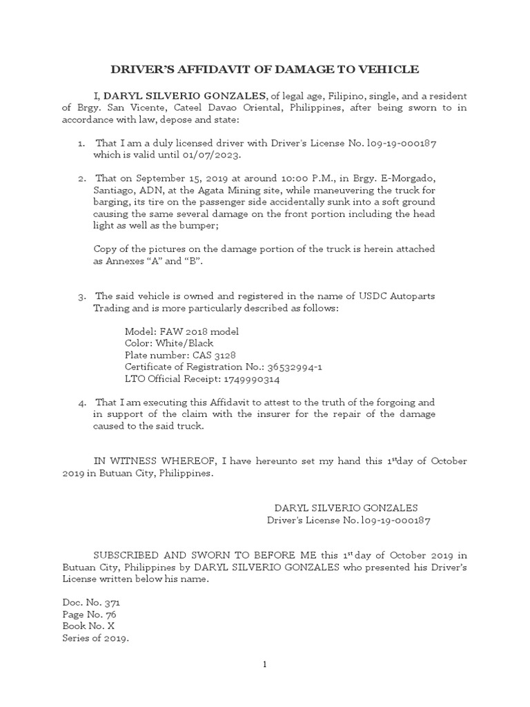 Driver'S Affidavit of Damage To Vehicle | PDF