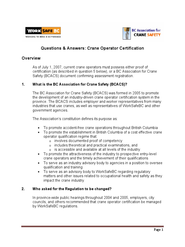 Certification Requirements for Crane Operators in British Columbia: An ...