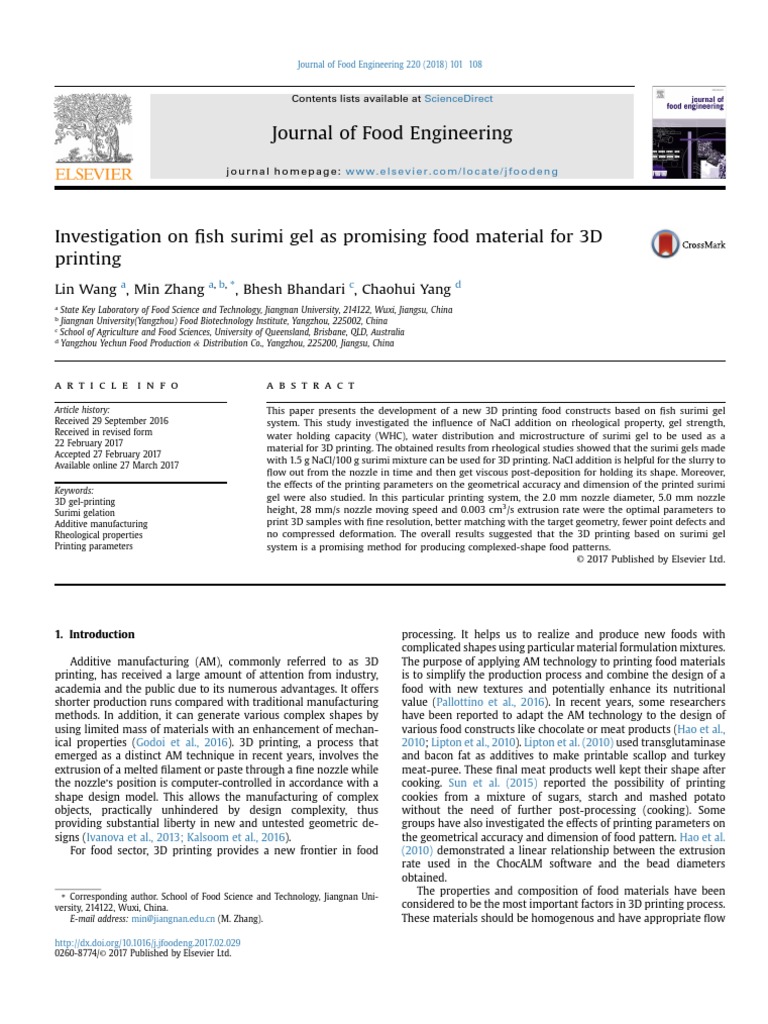 Investigation On Fish Surimi Gel As Promising Food Material For 3D ...