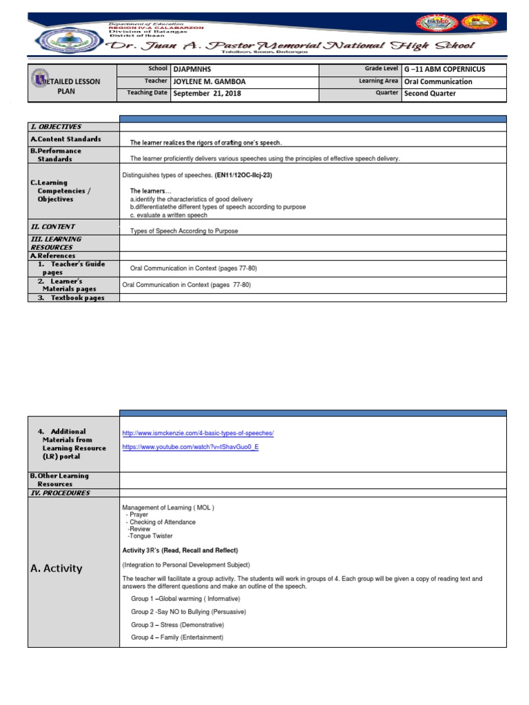 Types of Speech Lesson Plan | PDF | Public Speaking | Learning