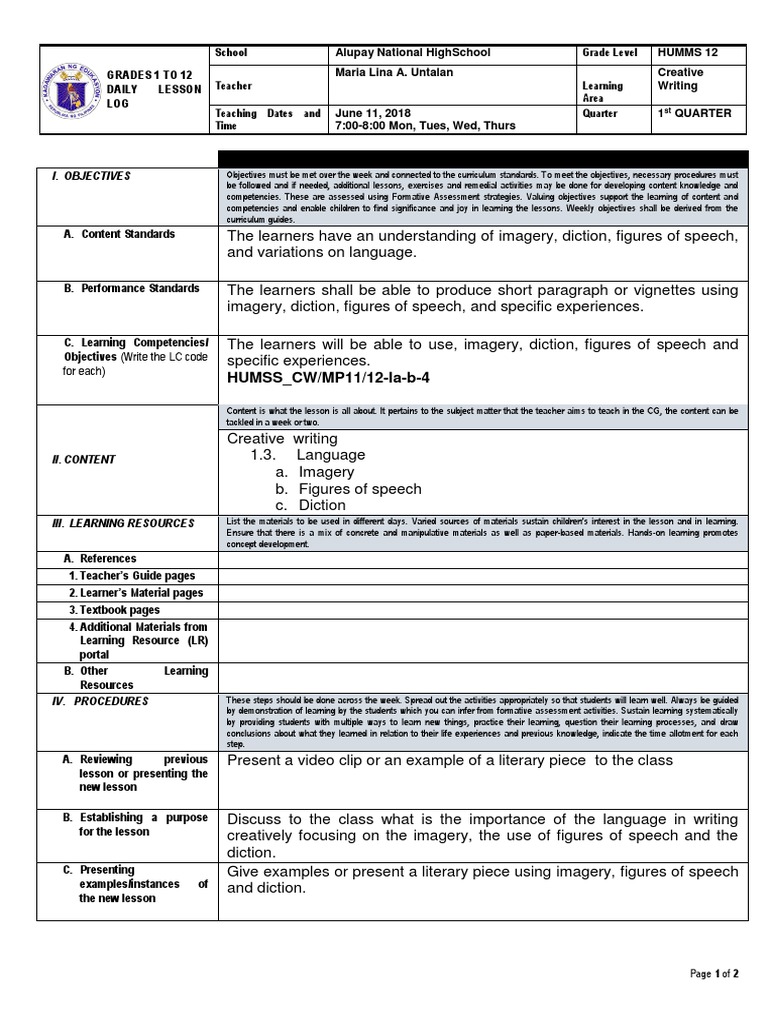 Creative Writing Lesson Plan for HUMMS 12 | PDF | Learning | Teachers
