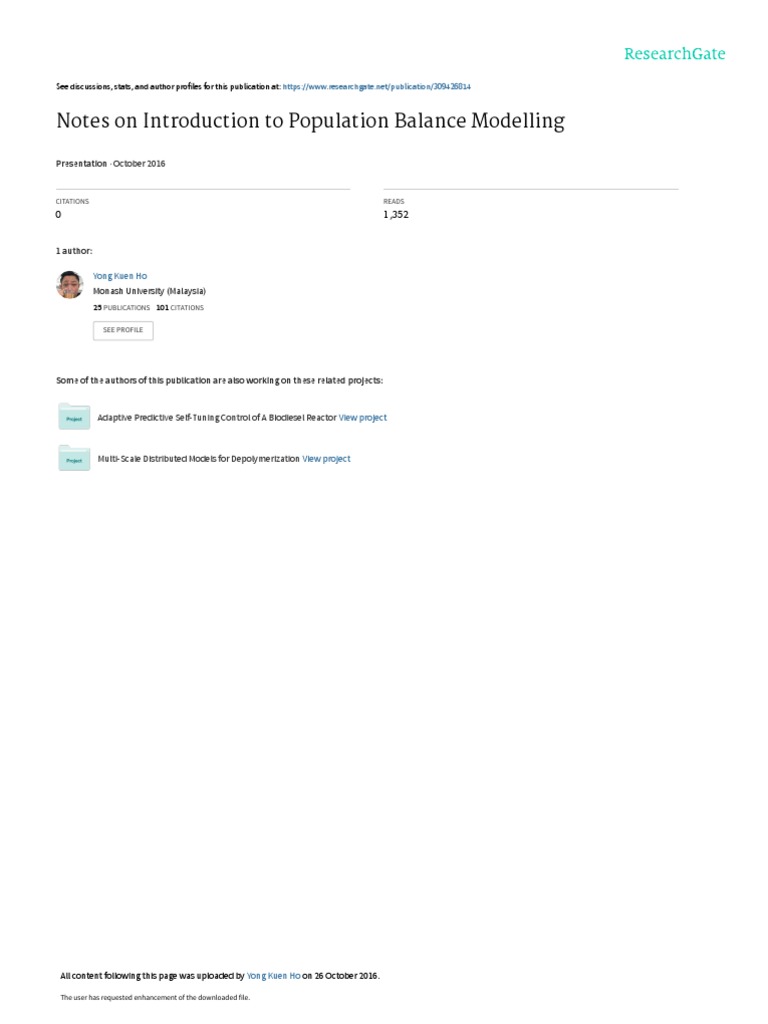 Notes On Introduction To Population Balance Modelling: October 2016 ...