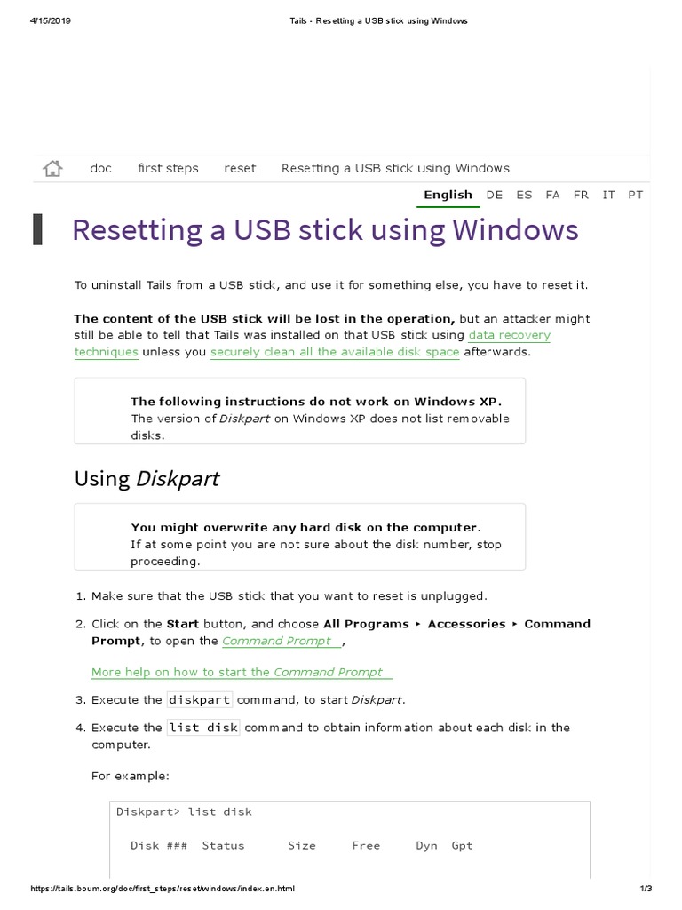 Reset USB Stick on Windows for Tails | PDF | Usb Flash Drive | Areas Of ...