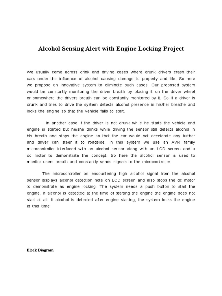 Alcohol Sensing Alert With Engine Locking Project: Block Diagram | PDF