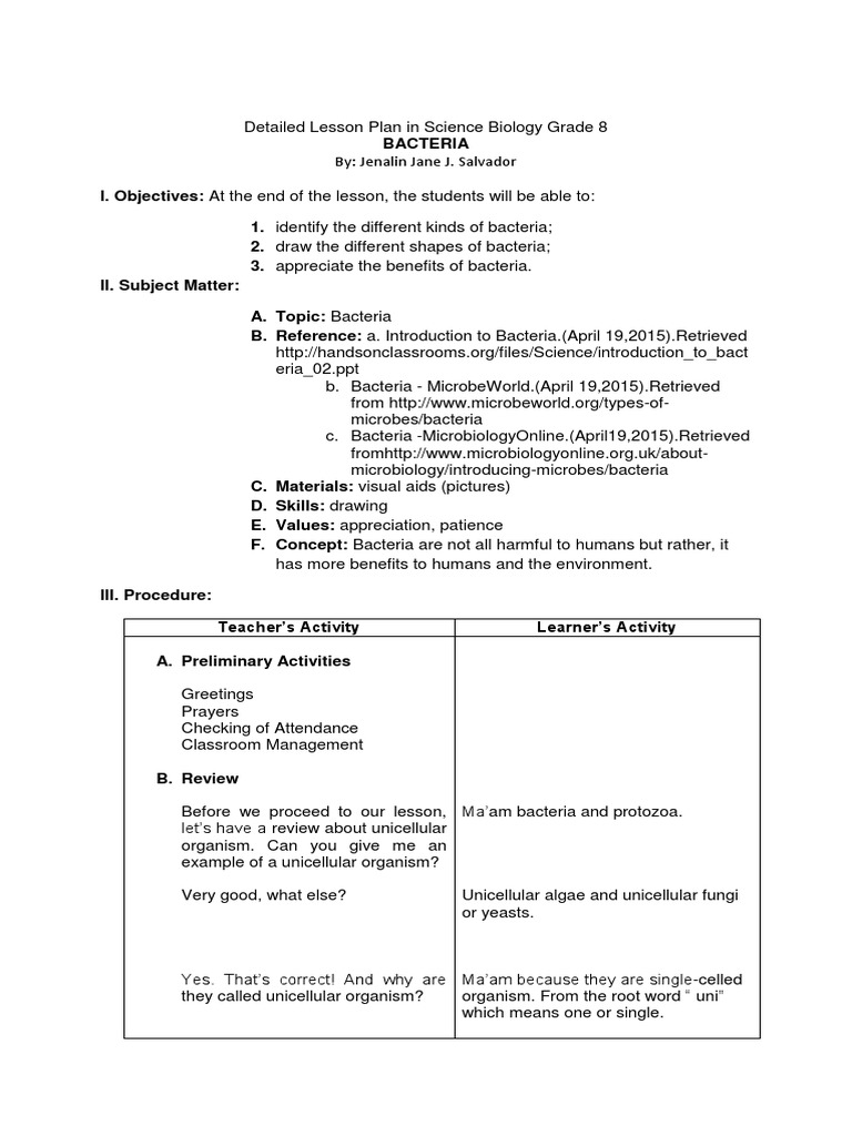 Lesson Plan BACTERIA | PDF | Lactobacillus | Bacteria