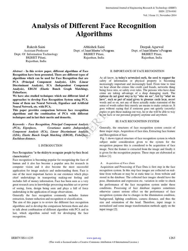 Ijert Ijert: Analysis of Different Face Recognition Algorithms | Download Free PDF | Principal ...