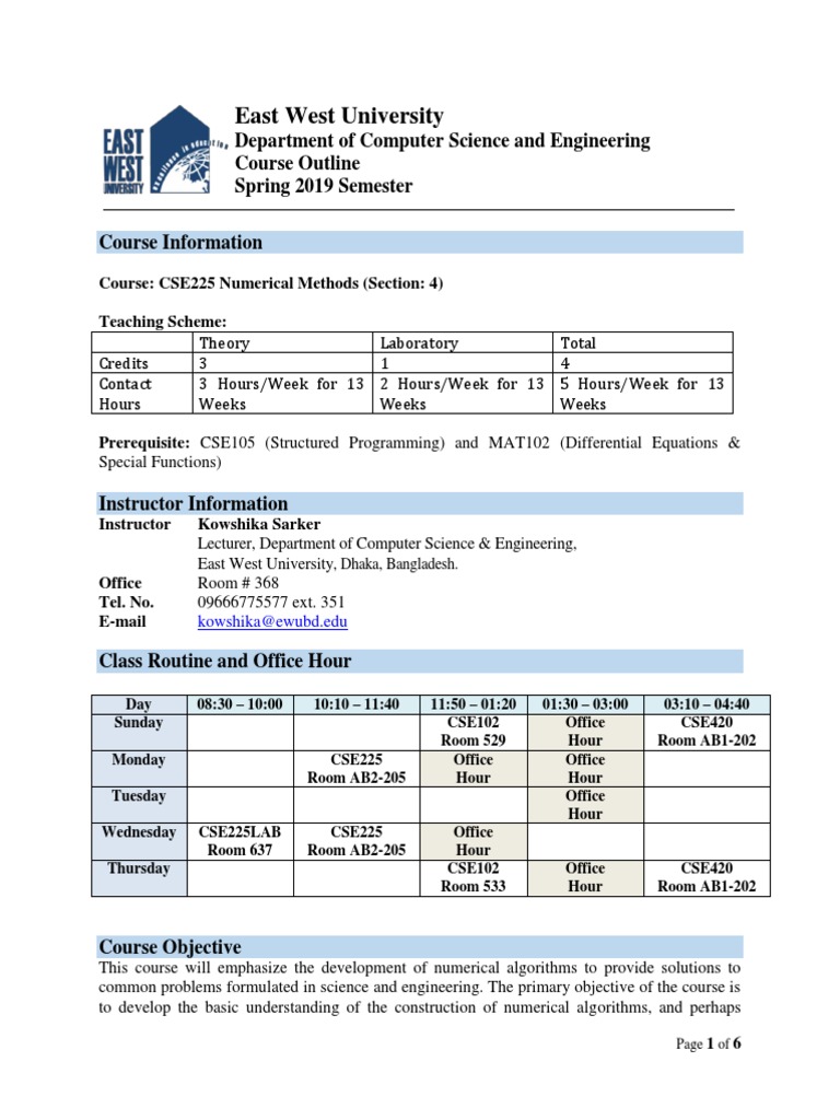 Course Outline CSE225 Spring 2019 Section 4 | PDF | Numerical Analysis | Applied Mathematics