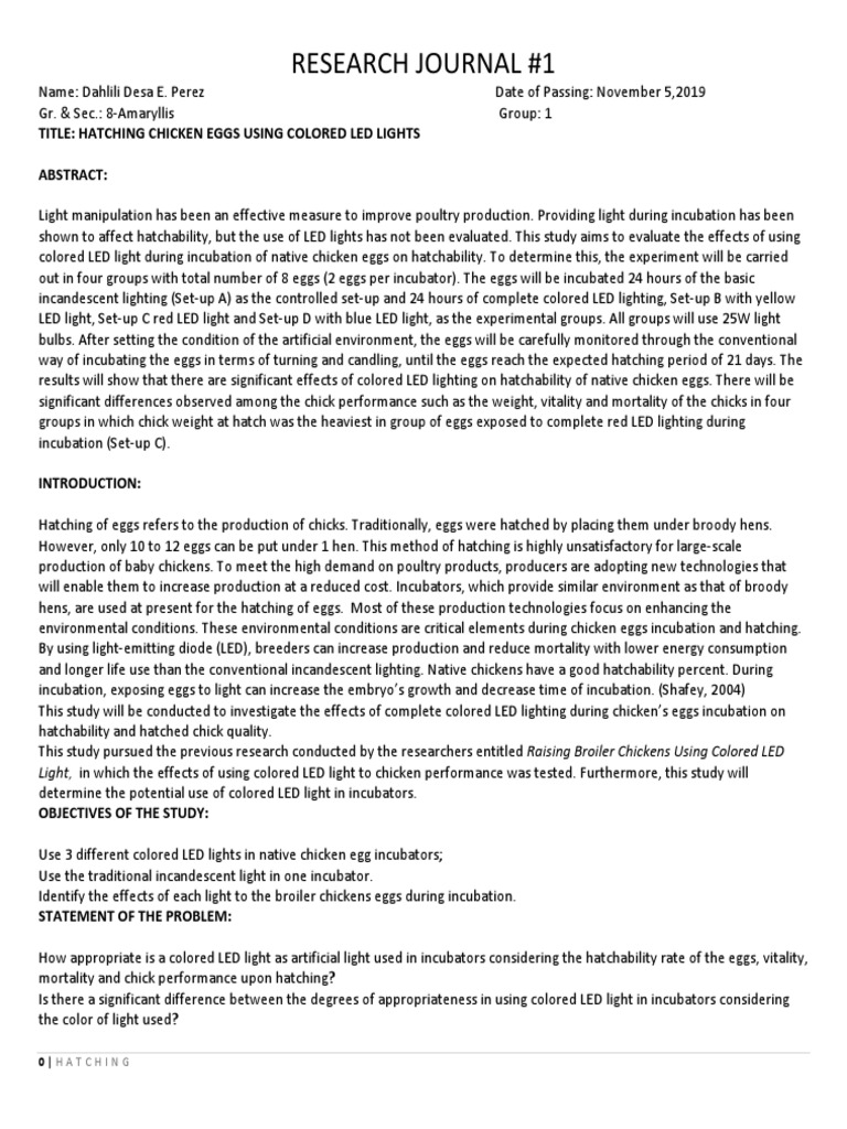 Research Journal #1: Title: Hatching Chicken Eggs Using Colored Led ...