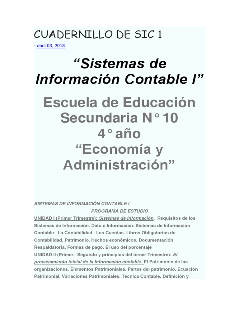 Cuadernillo de Sic 1 | Contabilidad | Sistema de informacion