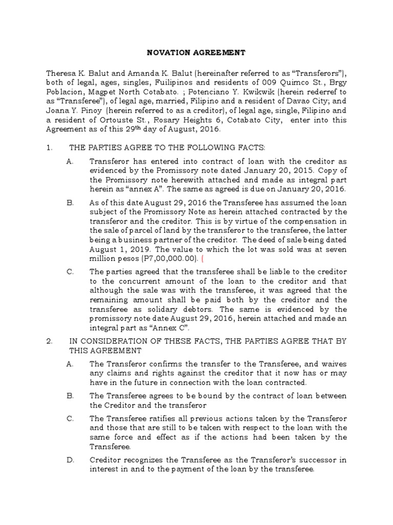 Novation Agreement | PDF | Promissory Note | Loans