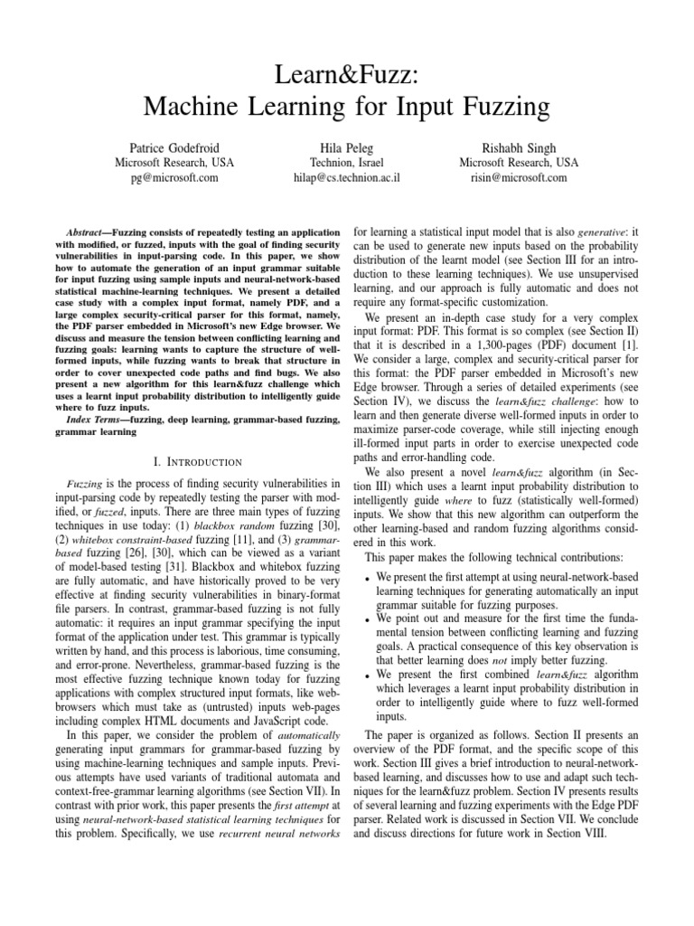 Learn&Fuzz: Machine Learning For Input Fuzzing: Patrice Godefroid Hila Peleg Rishabh Singh | PDF ...