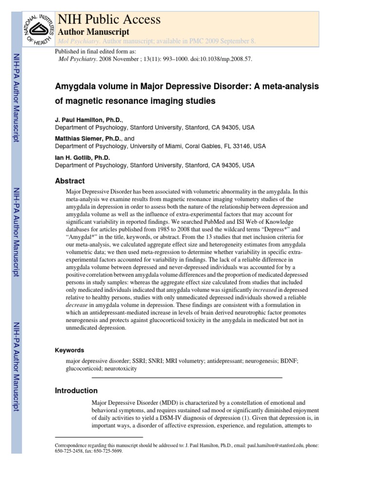 Amygdala Volume in Depression Meta-Analysis | PDF | Major Depressive ...