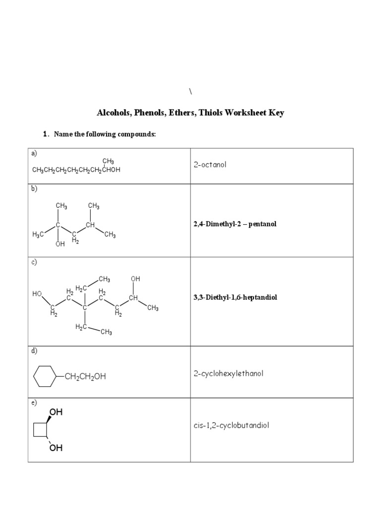 Ethers and Alcohols Naming Worksheet | PDF | Ether | Methanol