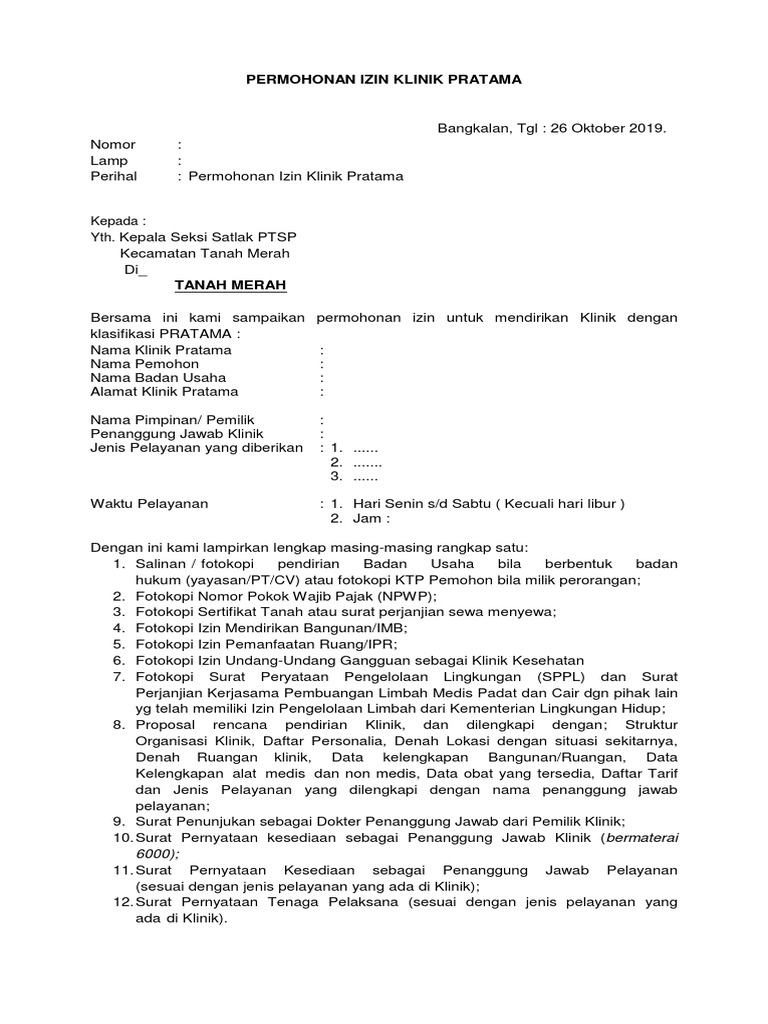 Permohonan Izin Klinik Pratama Pdf