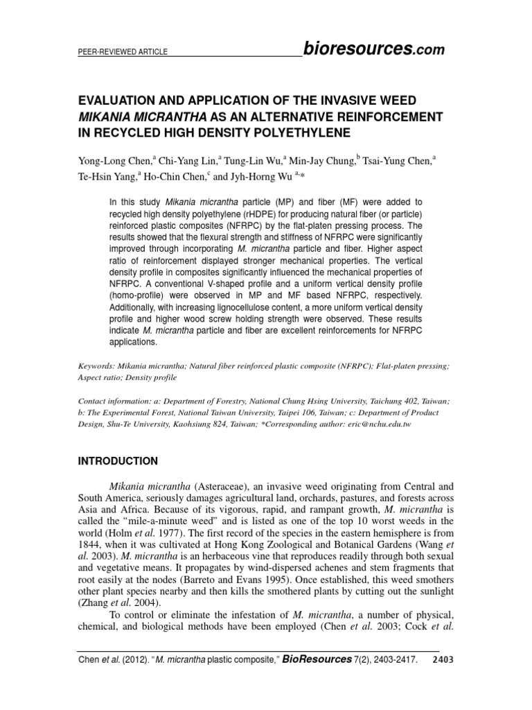 Bioresources: Evaluation and Application of The Invasive Weed in ...