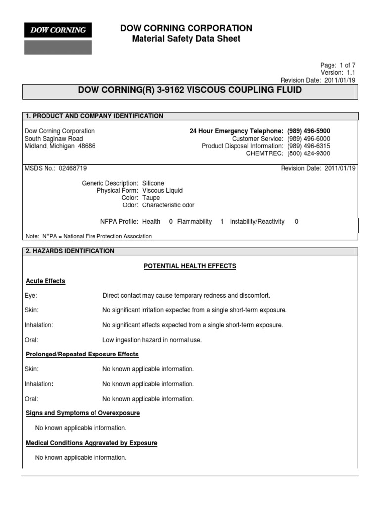 Dow Corning Corporation Material Safety Data Sheet | PDF | Personal ...