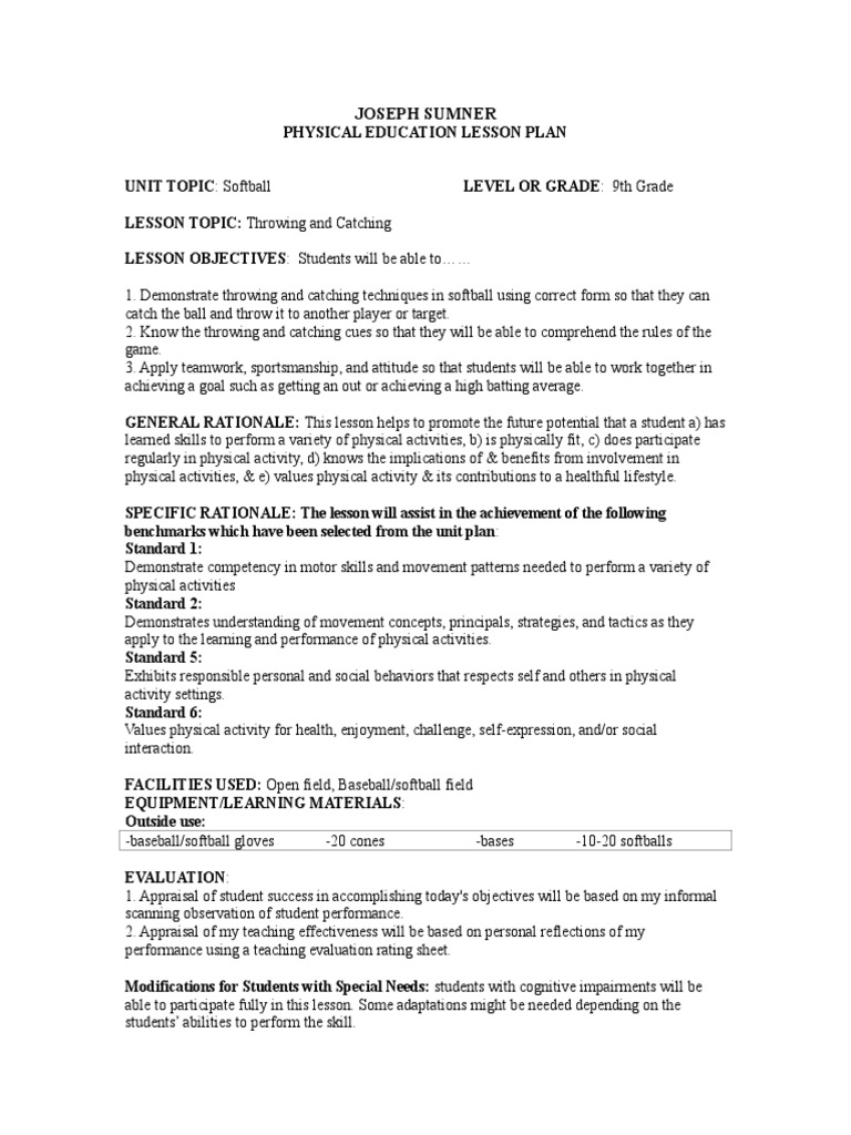 Softball Catch and Throw Lesson Plan | PDF | Softball | Learning