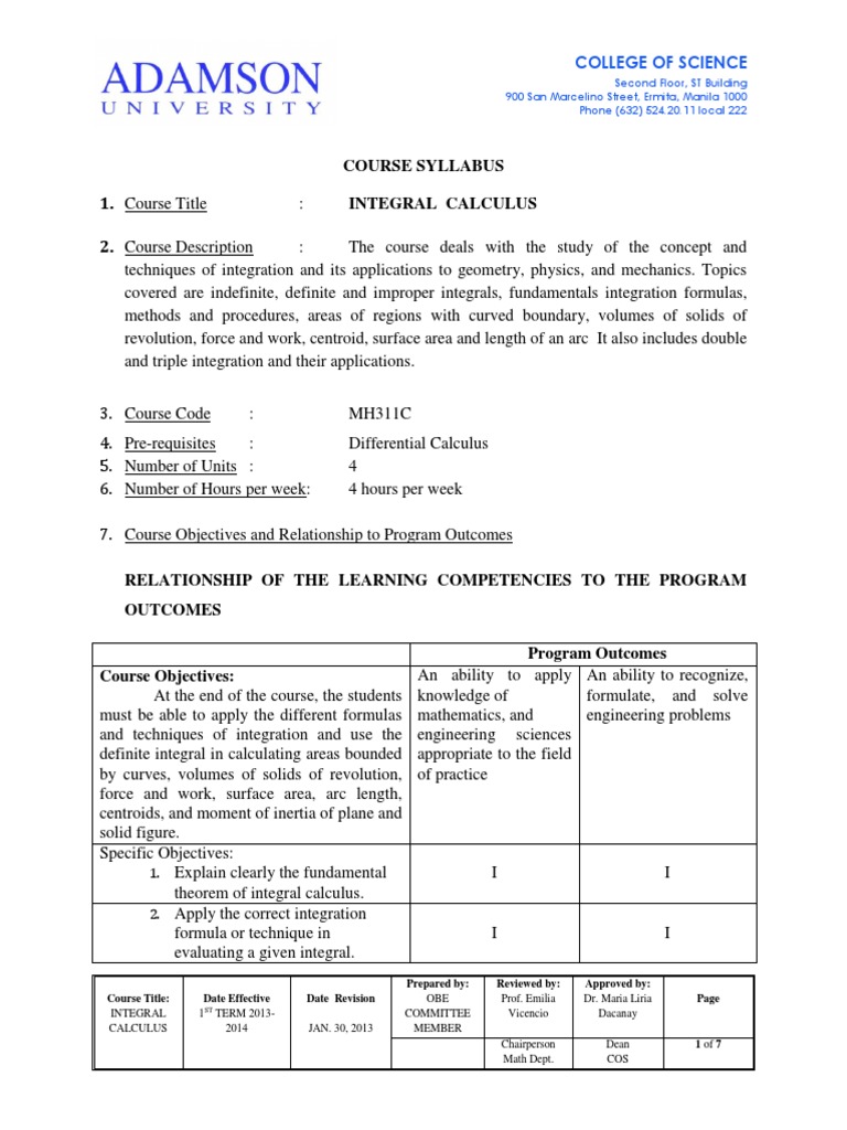 Course Syllabus 1. Course Title Integral Calculus 2. Course Description ...