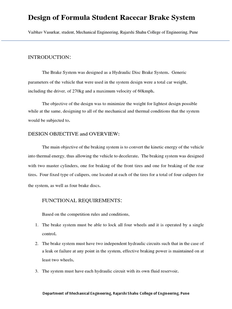 Design of Formula Student Racecar Brake System | PDF | Brake ...