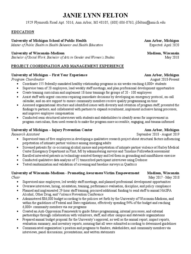 Janie Felton's Public Health Resume | PDF | Violence | University Of ...